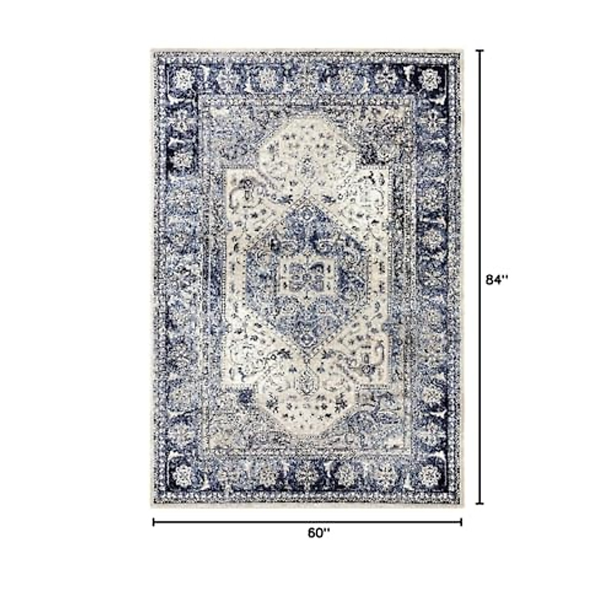 Persian-Rugs Distressed Ivory 5x7 Area Rug, Blue French Country Rug for Living Room and Kitchen