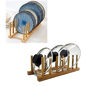 Tsyware 4 Pack Bamboo Wooden Dish Rack, Plate Rack Stand Pot Lid Holder, Kitchen Cabinet Organizer for Cup, Cutting Board, Bowl, Drying Rack and book hook