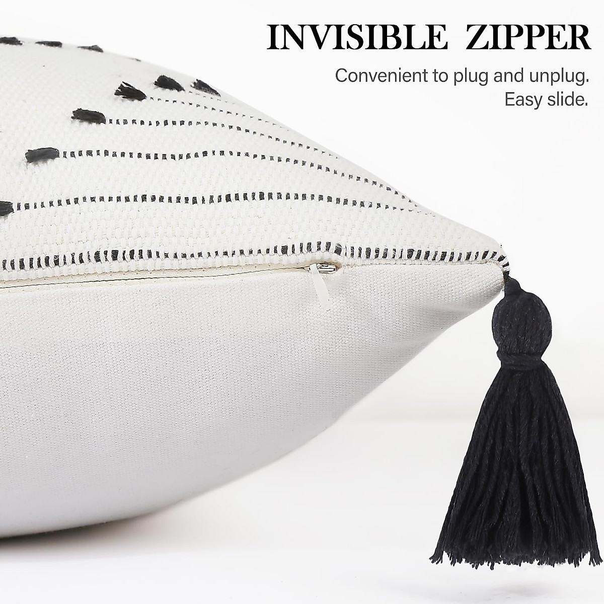 Joyesup Boho Throw Pillow Covers 18x18 Set of 2 Farmhouse Pillow Covers with Tassel Decorative Throw Pillow Cases Room Decor Woven Pillow Covers for Couch Bed Living Room Dormitory(White and Black)