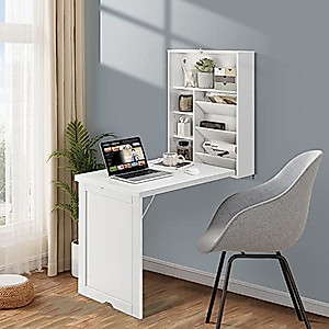 GOFLAME Wall Mounted Desk, Folding Floating Desk with 3-Tier Tilt Storage Partition and Adjustable Shelves, Space-Saving Fold up Desk Laptop Desk, Convertible Writing Desk for Home Office (White)