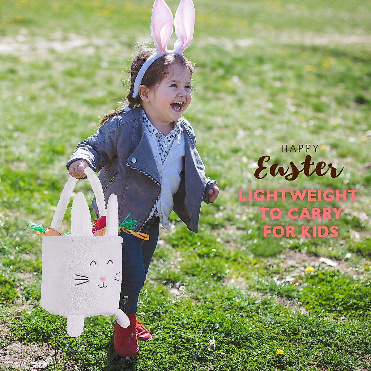 Easter Basket Fluffy Bunny, Easter Baskets for Kids, Easter Gifts for Girls & Boys, Large Easter Basket Storage, Light Weight Easy Carry, Foldable Bunny Ears, 9.5 x 9.5 Inches