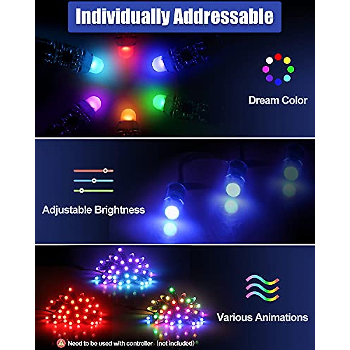 GMJYC 12V 500pcs WS2811 Pixels Individually Addressable IP68 Diffused Digital RGB LED String Light with 3 Pin Waterproof Connector 12mm Dream Color Black Wire for Christmas/Garden, witn 4 T-Connectors