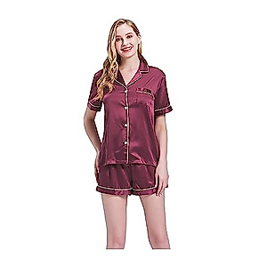 Pure as a lotus Women Sleepwear Sets Silk Pajamas Set Loungewear Button-Down Two-piece Pj Sets Shorts Nightwear Set Red