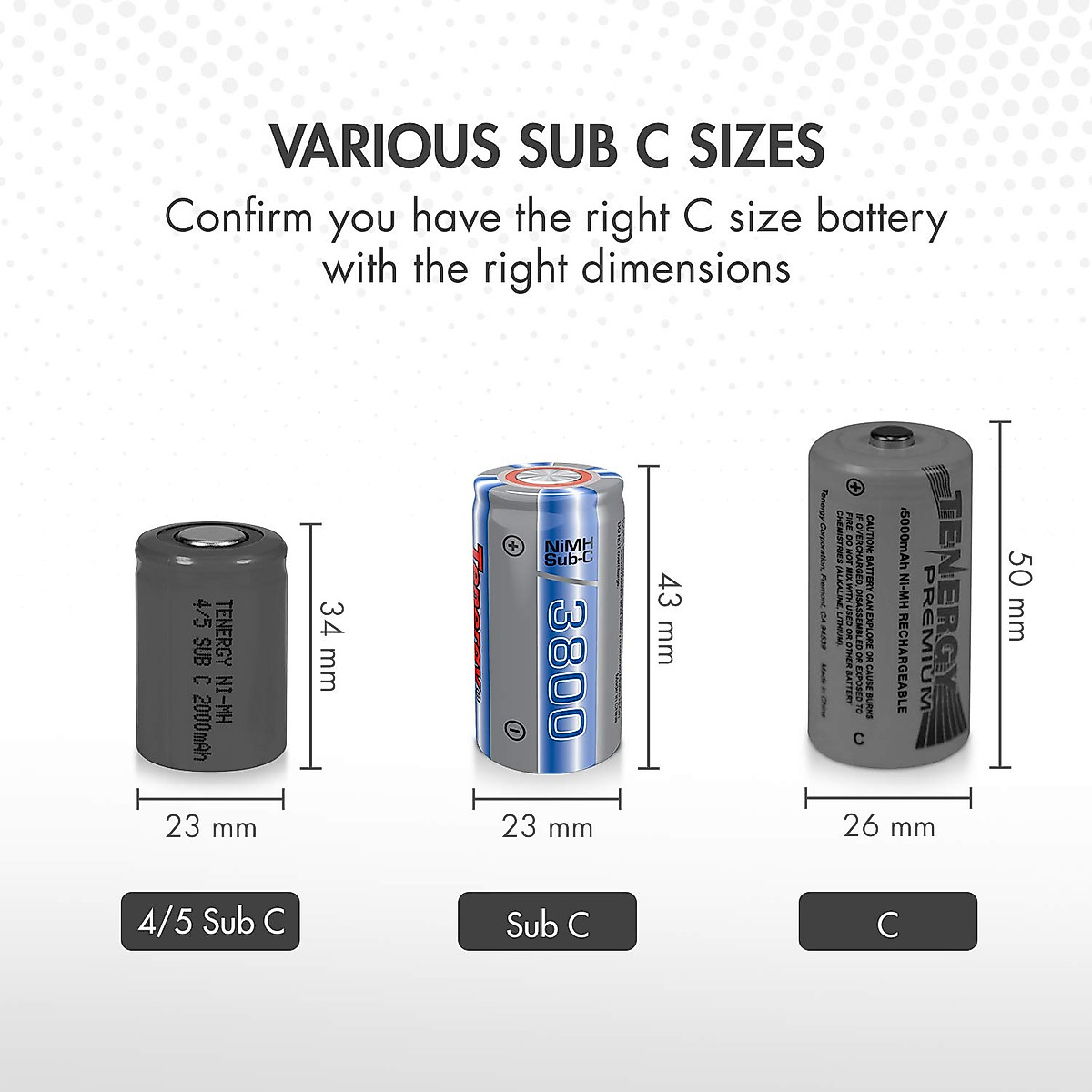 Tenergy NiMH SubC 1.2V 3800mAh Rechargeable Batteries, for Power Tools, 10 Pack