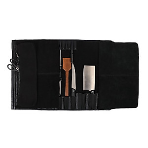 Aaron Leather Goods Leather Knife Roll Storage Bag | Elastic and Expandable 10 Pockets | 6 Leather Pocket | Travel-Friendly Chef Knife Case Roll (Raven, Leather)
