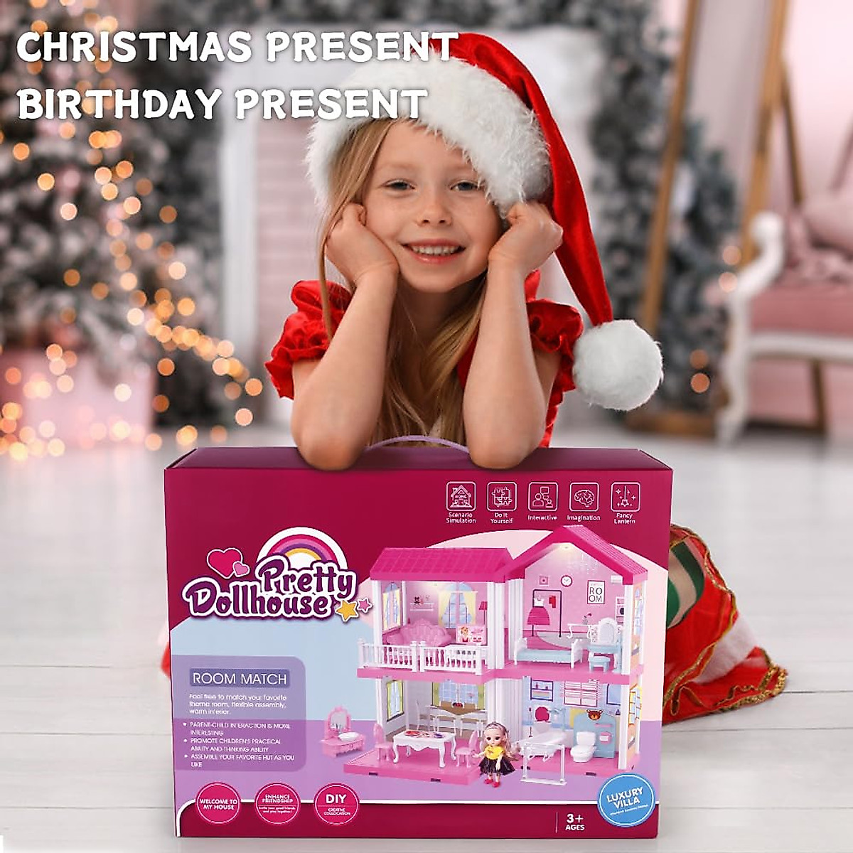 Elf Lab Dollhouse Building Toys, Princess Doll House, Playset with Lights, Furniture, Accessories and Dolls, Cottage Pretend Doll House Set, Creative Present for Girls Toddlers (4 Rooms)