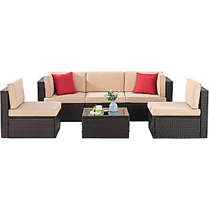 Shintenchi 6 Pieces Patio Furniture Sets Outdoor All-Weather Sectional Patio Sofa Set PE Rattan Manual Weaving Wicker Patio Conversation Set with Glass Table&Ottoman Cushion and Red Pillows, Neutral