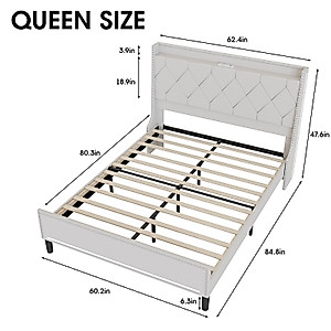 Vabches Queen Size Bed Frames with LED Lights, Upholstered Platform Bed with Charging Station, Storage Space Under The Bed, Steel Slat Support, No Box Spring Needed, Noise Free, Off White
