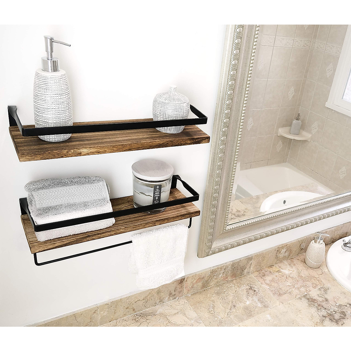 Peter's Goods Rustic Floating Wall Shelves with Rails - Decorative Storage for Kitchen, Bathroom, and Bedroom - Elegant, Modern Shelving - Torched Paulownia Wood, Matte Black Metal Frame - Set of 2