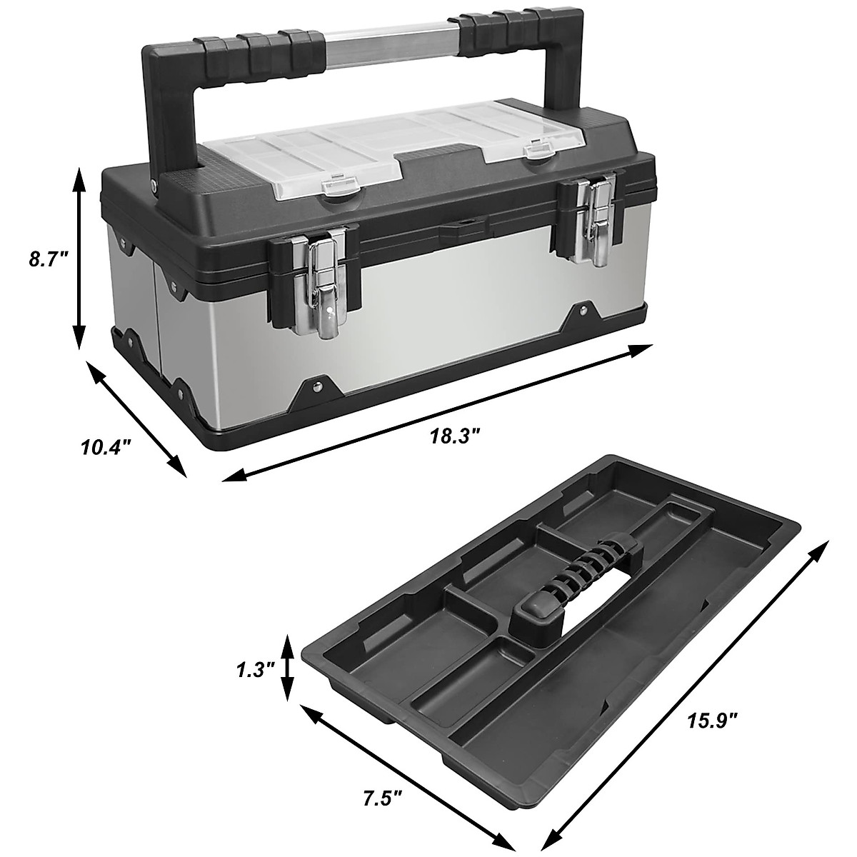 BIG RED A5519BR Torin 19" Stainless Steel and Plastic Portable Storage Tool Box Organizer with Metal Lock, Multiple Compartments, Clear Lid and Removable Trays - Stainless Steel/Black