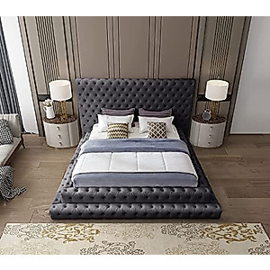 Meridian Furniture Revel Collection Velvet Upholstered Bed with Deep Button Tufting, King, Grey