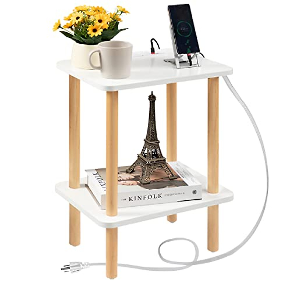 FORAOFUR End Table with Charging Station, End Tables with USB Ports and Outlets, Small Side Table for Living Room, Bedroom & Office, Two-Tier Narrow Side Table, Easy Assembly