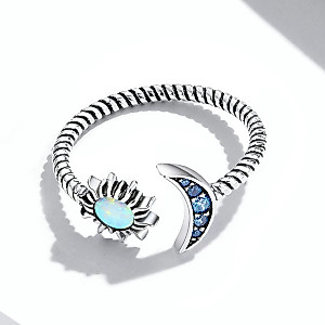 MUNDELL 925 Sterling Silver Opal Star and Moon Open Ring for Women Vintage Twisted Adjustable stackable Ring Dazzling Statement Ring Fine Jewelry