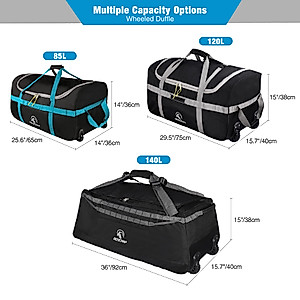 REDCAMP 85L Foldable Duffle Bag with Wheels 26", 1680D Oxford Collapsible Large Duffel Bag with Rollers for Camping Travel Gear, Black