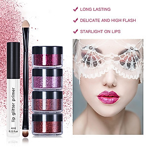 Kawaii Kisses Glitter Lip Kit, 4 Colors Glitter Lip Kit Gloss, Shiny Diamond and Metallic Lip Glitter Makeup Lipstick Lip Gloss Glitter Lipstick, Glitter Lips Makeup with Lip Primer and Brush(A)