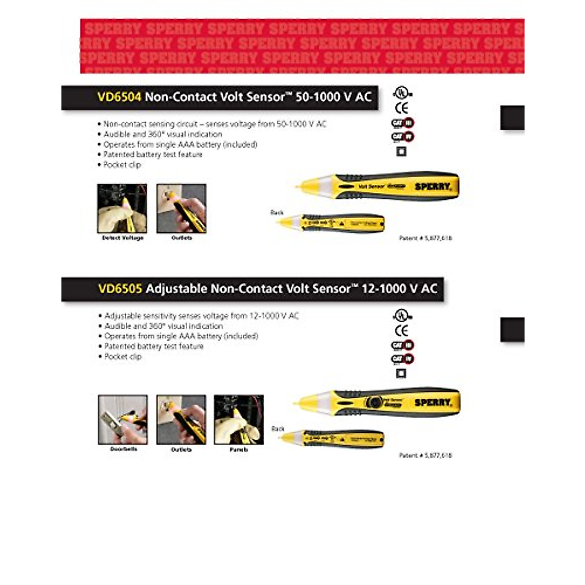 Sperry Instruments VD6504 Non-Contact Voltage Detector, 50-1000 V AC, Black, 5 Sensors