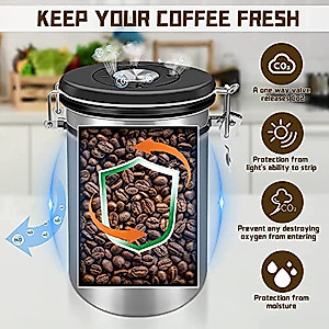 Samyoung Coffee Canister Airtight, Stainless Steel Container for 635g/22.8oz Coffee Beans,Large 1800 ml Tea & Coffee Storage Jars with co2 Valve, 30ml Measure Spoon and 70 ml Mini Travel Jar