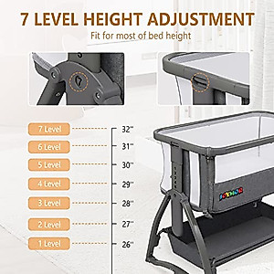 JOYMOR Bedside Sleeper Rocking Bassinet, Height Adjustable Breathable Net Bed Side Baby Cribs with Washable Mattress,Mosquito Net,Storage Basket for Infants, Gray