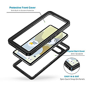 Lanhiem Pixel 7 Case, IP68 Waterproof Dustproof Case with Built-in Screen Protector, Rugged Full Body Shockproof Phone Cover for Google Pixel 7, Black/Clear