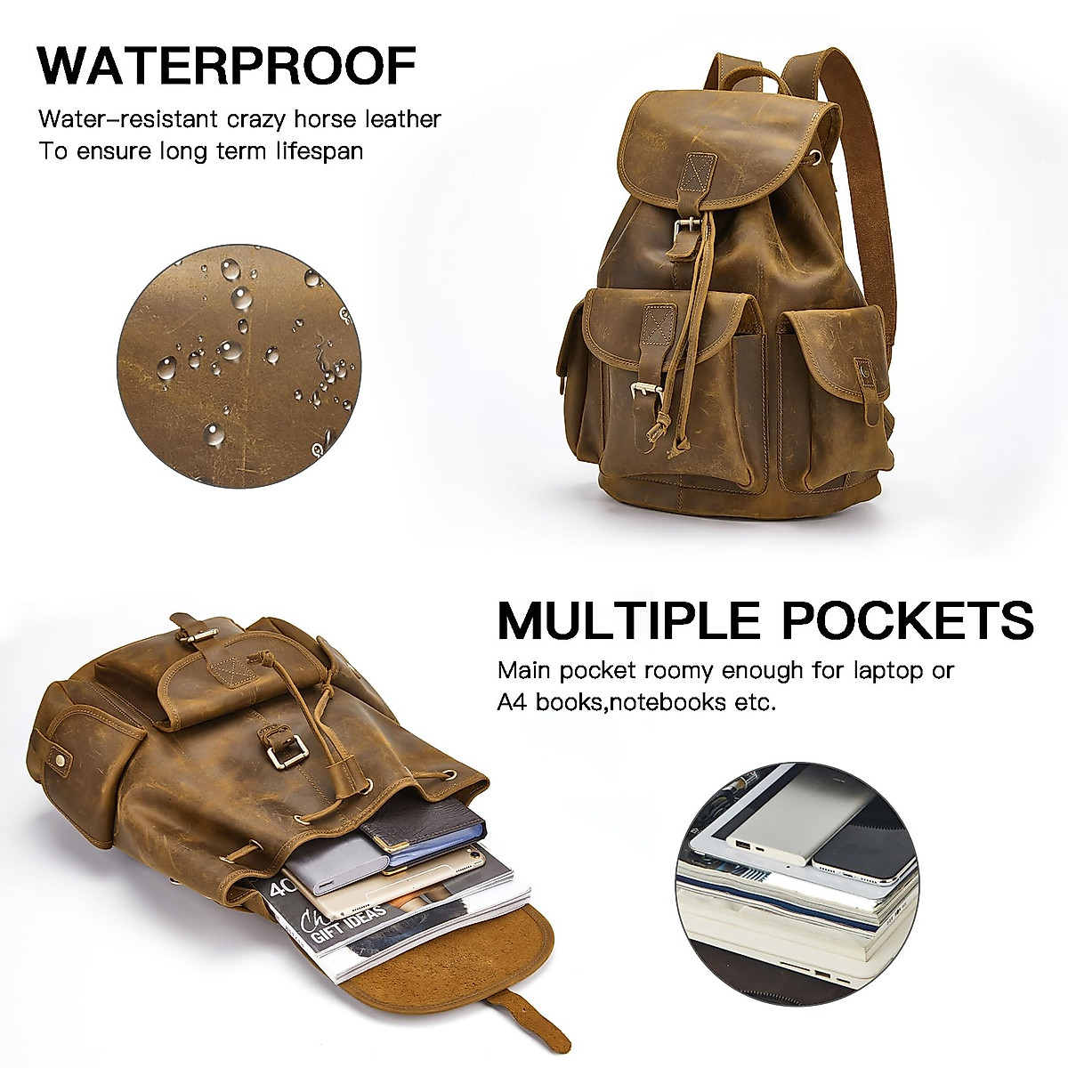 BRASS TACKS LEATHERCRAFT Backpack for Men Women Vintage Crazy Horse Full Leather Travel Daypack 15.6" Laptop Rucksack