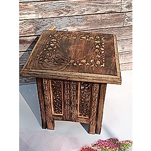 SUNDERSHALA Antique Wooden Square Shape for Adults Hand Carving Foldable Coffee Stool Indoor and Outdoor, Garden Patio Backyard (Brown, 12.76 x 12.68 x 5.55 inches)