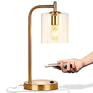 Brightech Elizabeth Table Lamp with Wireless Charging Pad and USB Port, Bedside Reading Lamp, Vintage Brass Gold Desk Lamp, Nightstand Lamp with LED Bulb for Bedroom, Living Room, Office