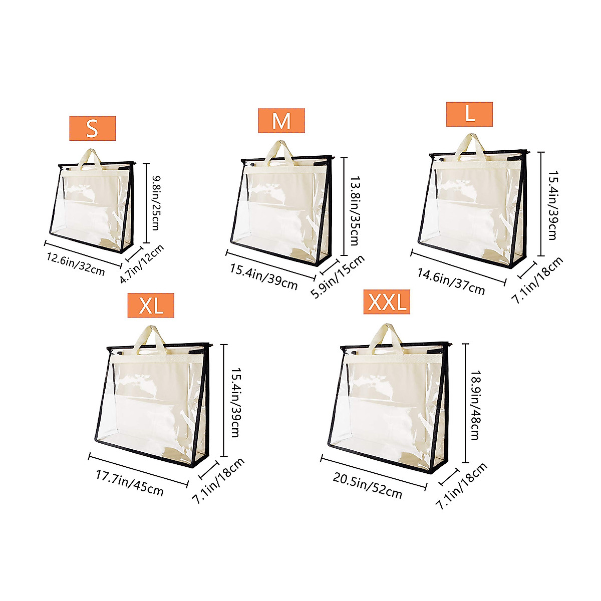 Vercord Clear PVC Handbag Dust-Free Cover Moistureproof Purse Storage Bag Organizer with Handle Zipper Space-Save Holder for Closet Beige XL