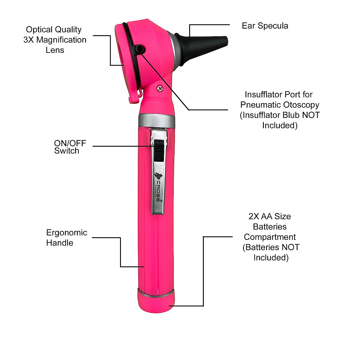 Cross Canada 11-080 Physician Fiber Optic LED Pocket Otoscope Diagnostic Set - Pink
