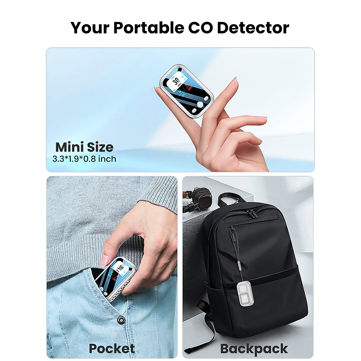 LSENLTY Upgraded Portable Carbon Monoxide Detectors, 120-Hour Standby Time, 3 in 1 CO Monitor(Temp, Humidity and CO Value), Alarm Function, Lanyard and Bracket Design, Easy to Use CO Detector