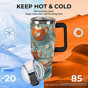 FZQVSGW Teapot And Mug 40 Oz Tumbler with Handle And Straw Stainless Steel Vacuum Insulated Tumblers Reusable Keep Drinks Cold Coffee Cup Holder Friendly Gifts for Women Men Car Gym Travel