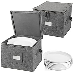 popoly China Storage Containers Inside 10" W x 8" H, Salad Plate Storage Box for Dishes Storage with 24 Felt Dividers, Hold 24 Plates, Hard Shell and Stackable (2 Pack Grey)