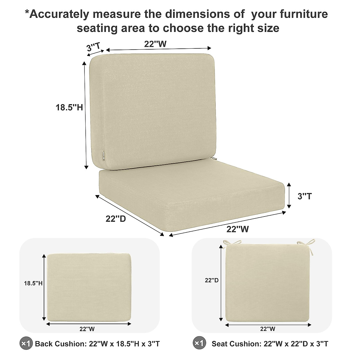 Favoyard Outdoor Deep Seat Cushion Set, 22 x 22 Inch Rainproof & 3-Year Fade Resistant Patio Furniture Cushions, Removable Seat Bottom & Back Cushion Covers with Ties for Chair, Sofa, Couch, Beige