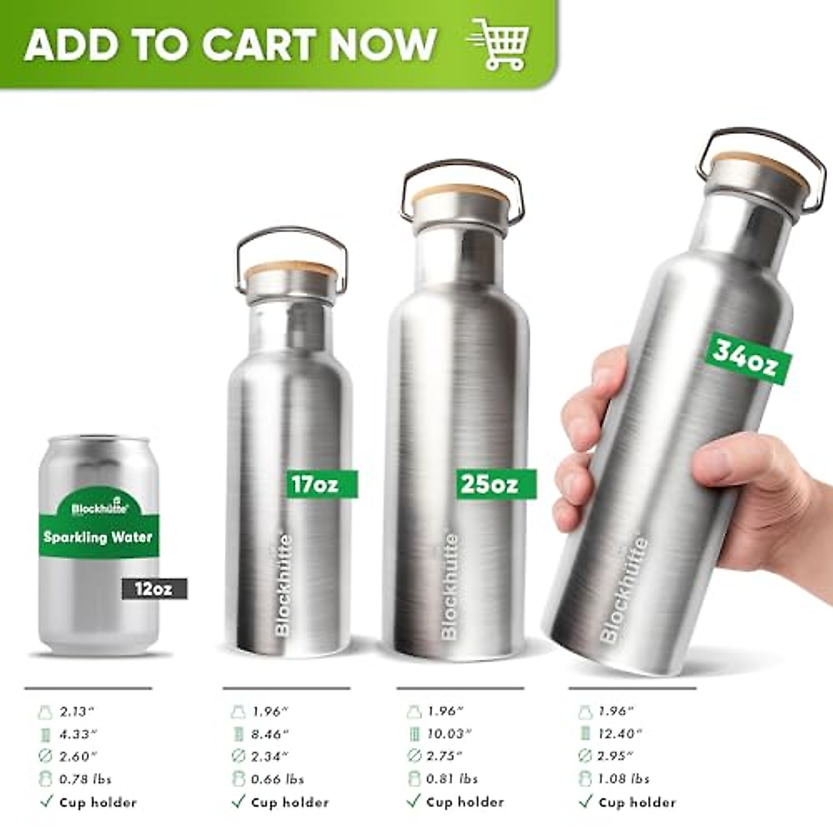 Blockhuette Vacuum Insulated Stainless Steel Water Bottle I 34 oz I Wide Mouth Insulated Metal Bottle for Cold Drinks I BPA-Free I Perfect for Travel, School, Kids, Adults, Water Canteen