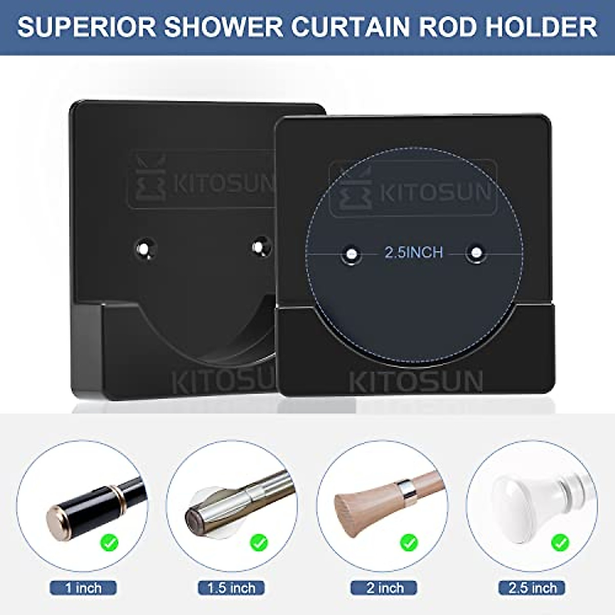 Adhesive Shower Curtain Rod Holder – Kitosun Wall Mount Bathroom Tension Pole Retainer Brackets with Super Sticky Tape for Quick Stick on and Stainless Steel Screws for Drilling Installation (Black)