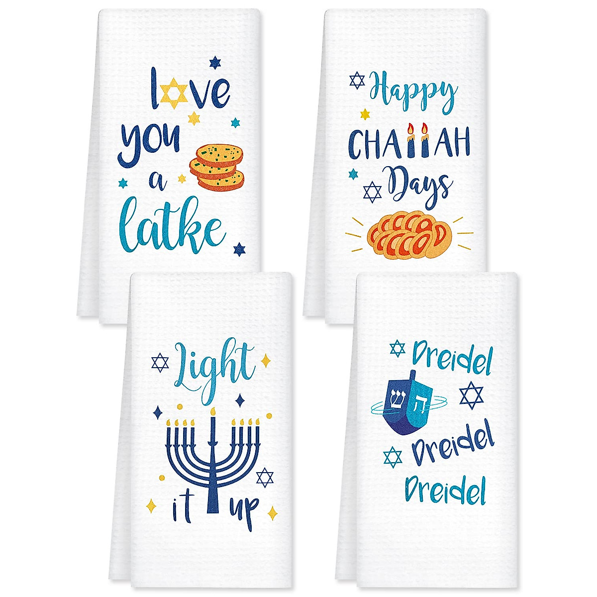 Vansolinne Hanukkah Kitchen Towels Chanukah Dish Towels Decorative Waffle Tea Towels Set of 4 - Fun Hostess Kitchen Decor Hanukkah Decorations, Housewarming Presents