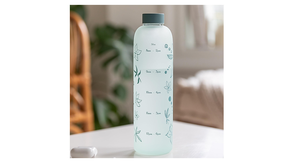 Asana Bottle 32 oz Glass Water Bottle with Time Marker, BPA Free ...