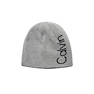 Calvin Klein Men's Reversible Beanie, Black and Grey Logo, One Size
