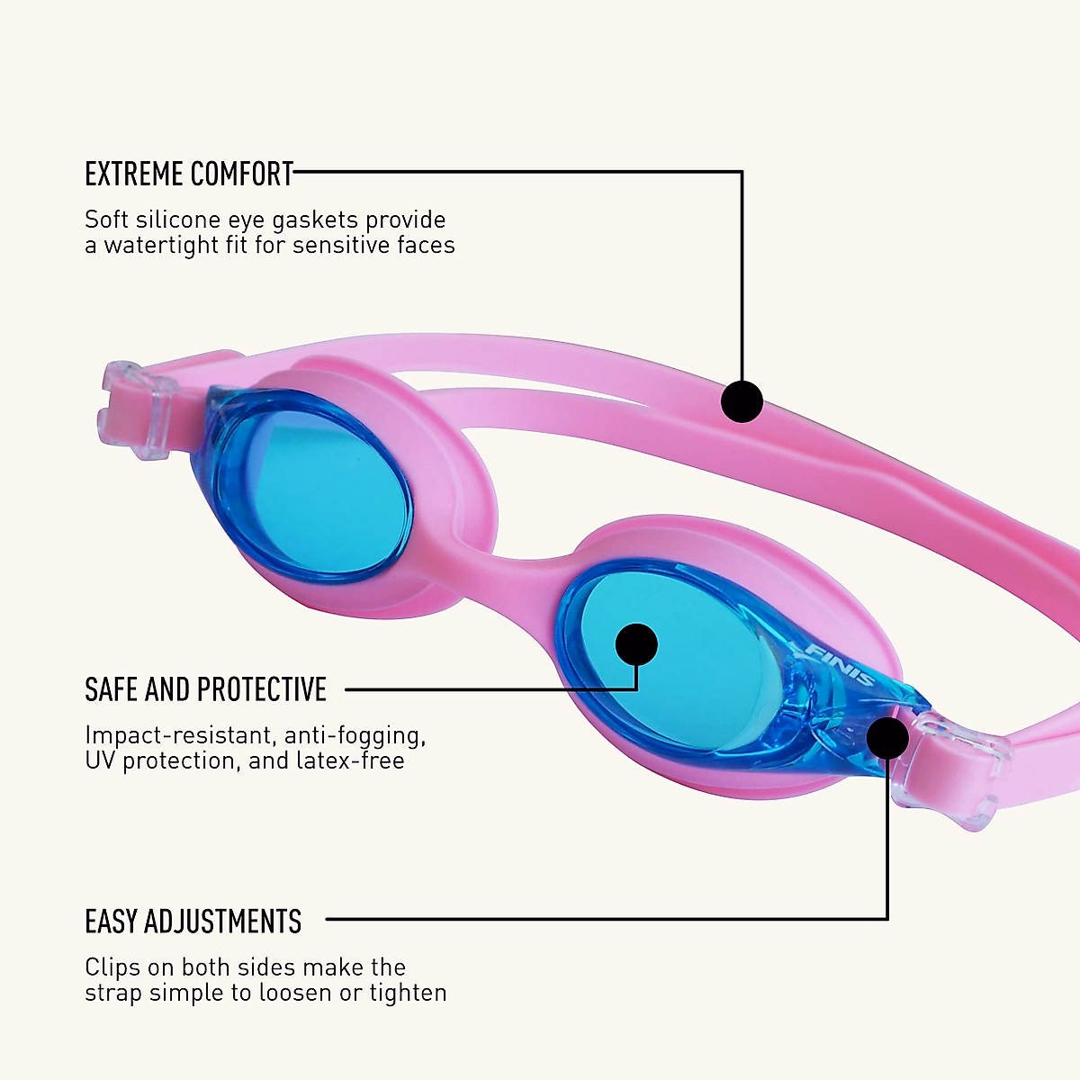 FINIS FlowGlow Goggles - Glow-in-The-Dark Kids Swim Goggles, Anti-Fog Goggles with UV Protection - Easily Adjustable Kids Swimming Goggles for Children Ages 4-12 - Pink