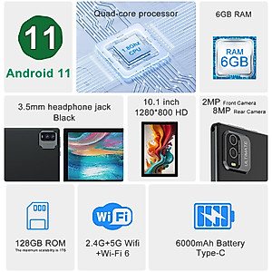 10 Inch Android Tablet, 2 in 1 Tablet with Keyboard 6GB + 128GB 10.1'' Tablets, 5G WiFi 6, BT 5.0, 1.8Ghz CPU Tableta PC, 8MP Camera, 6000mAh, Comptuer Tablet include Case Mouse Stylus Film, Black