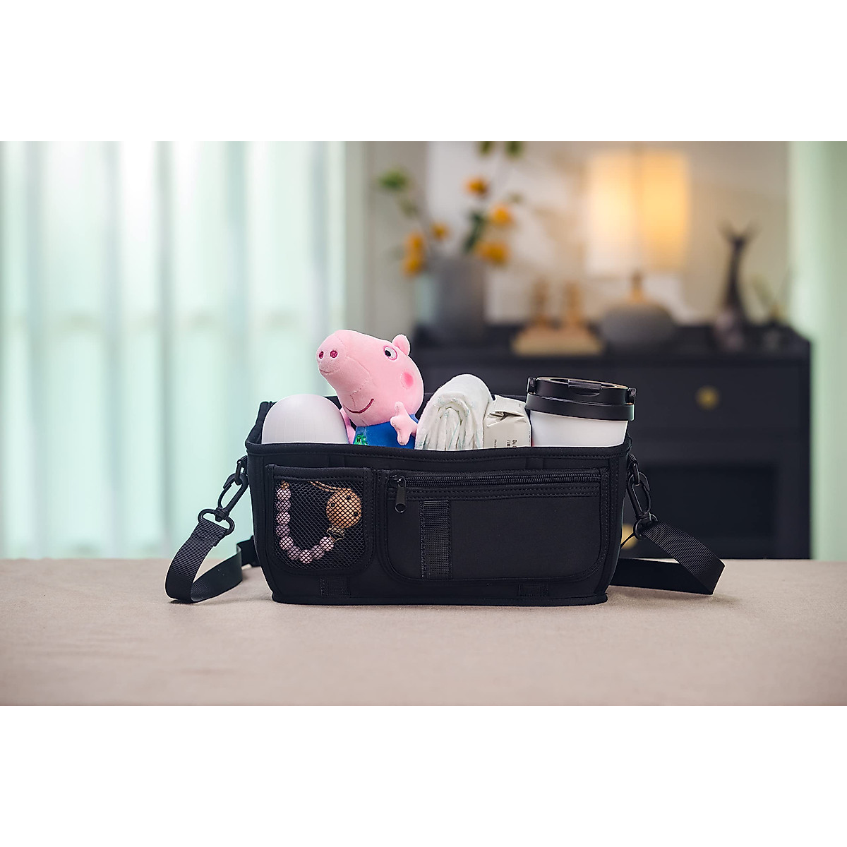 HOFISH Universal Stroller Organizer with Cup Holder, Neoprene Material Diaper Storage, Secure Straps,Pockets for Phone, Keys,Compact Design Fit Most Strollers (ST01B)