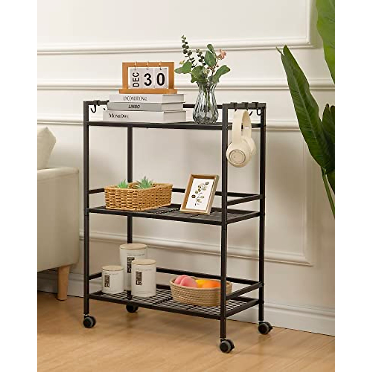Hzuaneri 3-Tier Storage Racks - with 4 Wheels, Metal Industrial Standing Shelf Units with 6 Hooks, for Kitchen, Living Room, Bathroom, Entryway, Easy Assembly, Black SS02801B