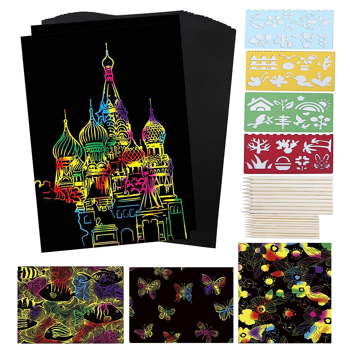 LUREME Scratch Art Set, 50Pcs Rainbow Magic Scratch Paper Set Black Scratch Off Art Crafts Notes Boards Sheet with 5 Wooden Stylus 4 Drawing Stencils for Easter Party (ME000009)