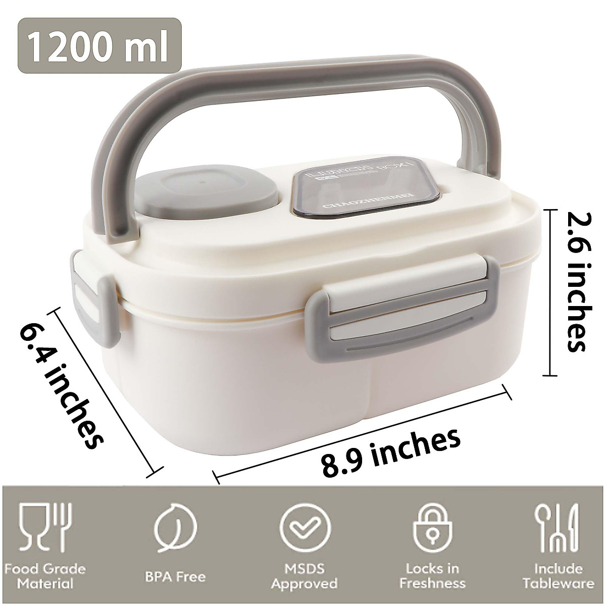 Tinaforld Adults Bento Lunch Box,Salad Container Large 43oz Salad Bowl, Bento-Style Tray for Toppings, 3oz Sauce Container for Dressings, and Built-In Reusable Fork (White)