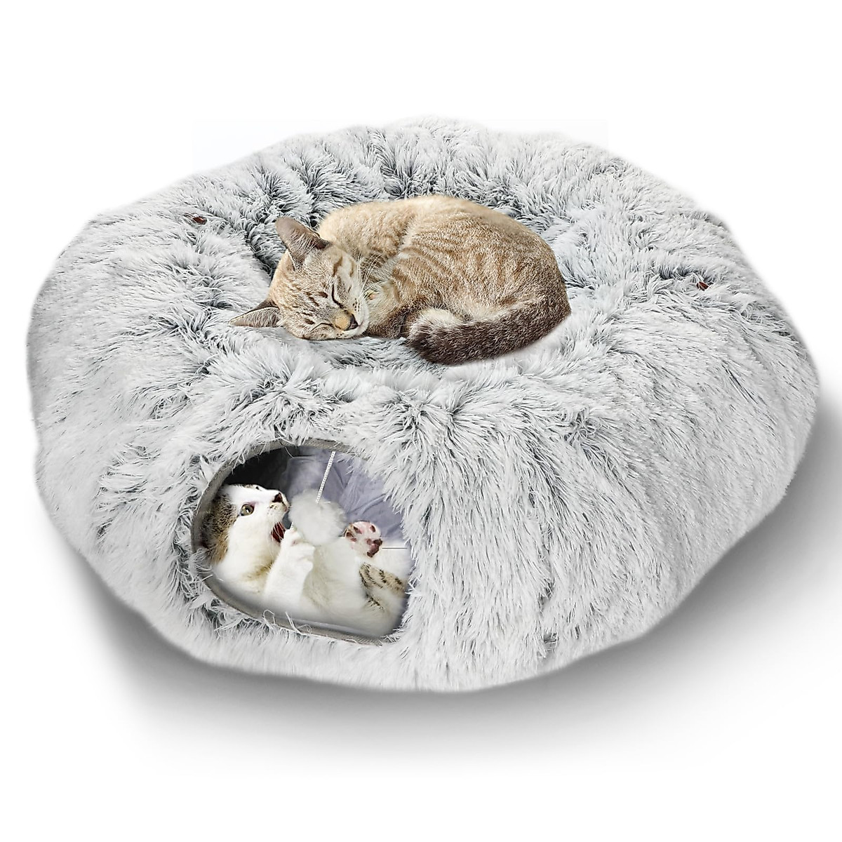 Lonepetu Plush Cat Tunnel Bed for Indoor Cats, Collapsible Cat Donut Tunnel with Central Mat, Fluffy Cat Cave Tube with Hanging Ball for Cat Kitten Rabbit Puppy Ferret