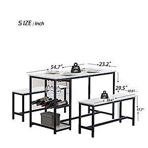 Vmobili Dining Table Set for 4,3 Piece Kitchen Table and Chairs Set with 2 Benches, Breakfast Nook Table Set, Dining Table with Wine Rack and Storage Shelf Small Metal Frame Kitchen Table