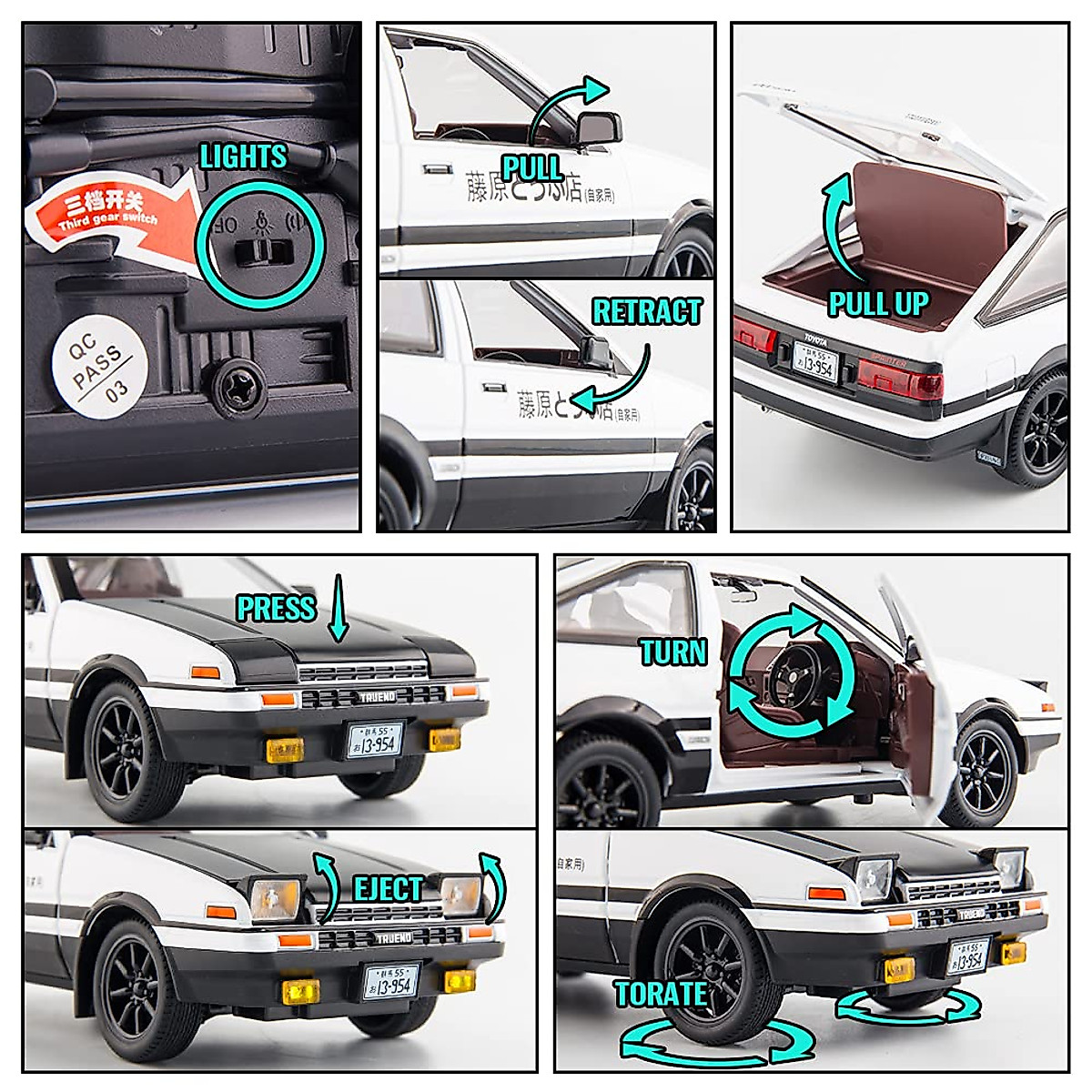 BDTCTK 1/24 AE86 Initial D Model Car Big Toy Car, Zinc Alloy Pull Back Toy Car with Sound and Light for Kids Boy Girl Gift (Black)