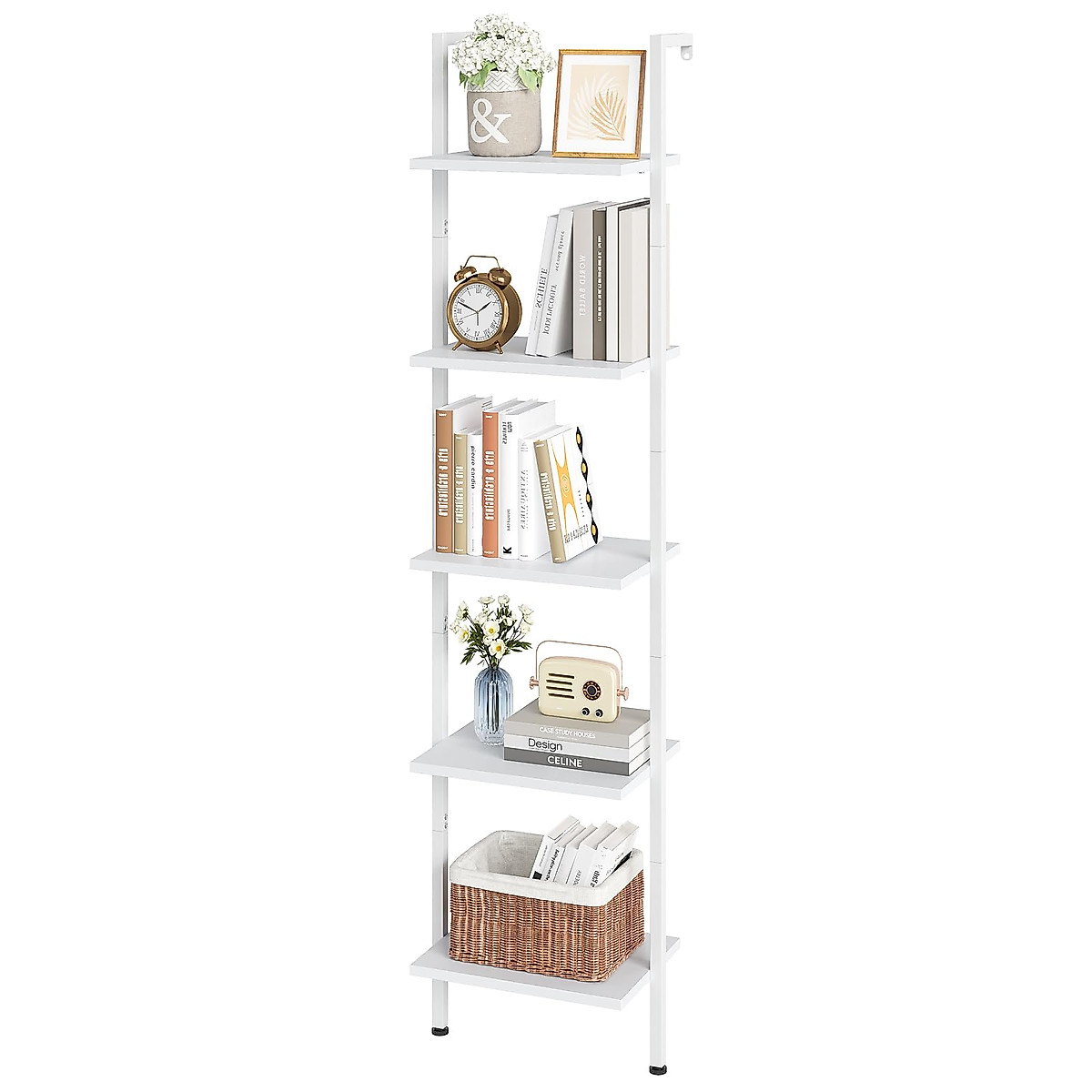 ELYKEN Ladder Shelf, White 5-Tier Wood Wall Mounted Bookshelf with Metal Frame, Modern Open Display Organizer Rack, Leaning Storage Shelves for Living Room, Bedroom, Home Office