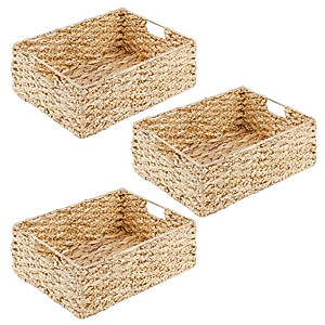 mDesign Hyacinth Braided Woven Kitchen Basket Bin with Built-in Handles for Organizing Kitchen Pantry, Cabinet, Cupboard, Countertop, Shelves - Holds Food, Drinks, Snacks - 3 Pack - Natural/Tan