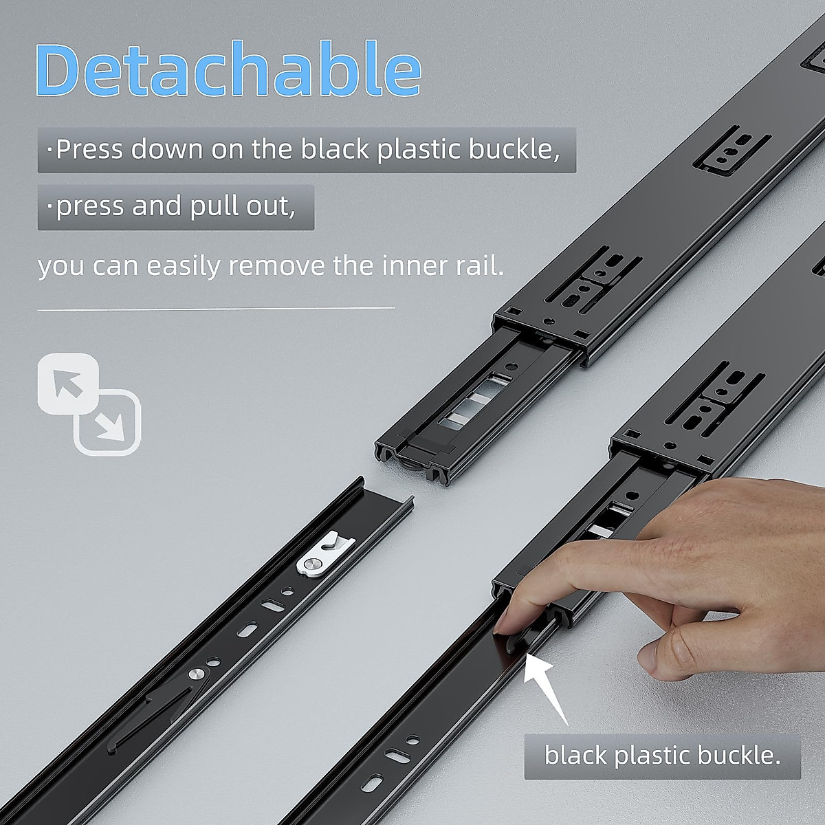 AOLISHENG 1 Pair Push to Open Drawer Slides 12 14 16 18 20 22 24 Inch 100 lb Load Capacity Side Mount Handleless Ball Bearing Full Extension Touch Open Rails Cabinet Metal Runner Dresser Glide Black