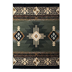 EMMA + OLIVER Santa Fe 5x7 Sage Olefin Accent Rug with Complementary Southwestern Pattern in Beige, Black and Brown and Jute Backing